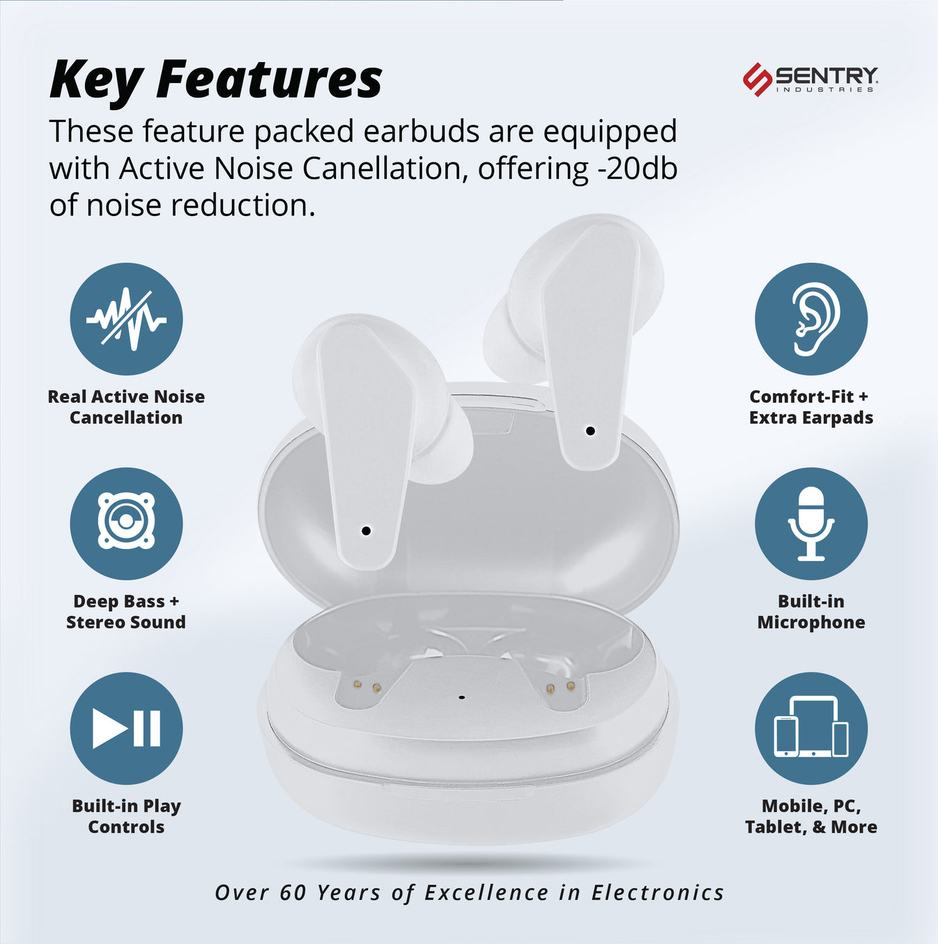 SENTRY OSE Wireless Stem Earbuds, Active Noise Canceling, -20 dB of So ...